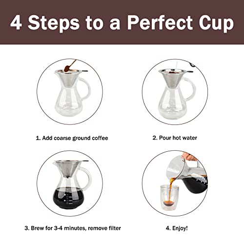 T-mark Pour Over Coffee Maker with Reusable Double-layer Stainless Steel Filter, 800ml/27oz BPA-Free Glass Coffee Carafe, Glass Coffee Maker, Coffee Dripper Brewer