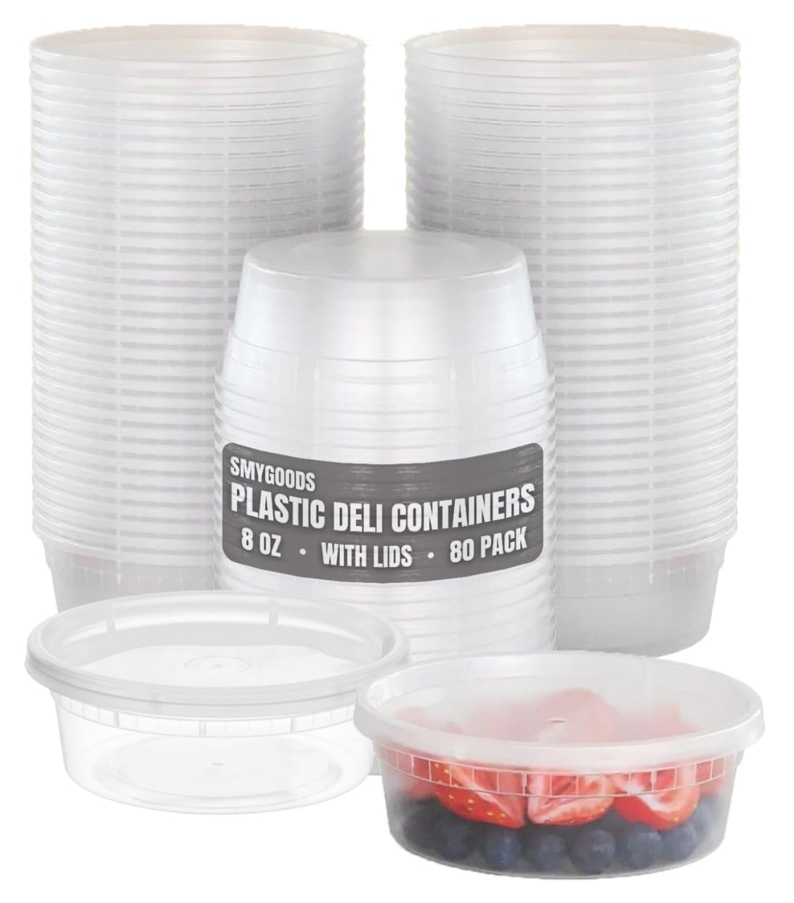 Smygoods 8oz Plastic Deli Containers with Lids - 80ct - BPA Free - Leakproof - Stackable - Microwave and Freezer Safe - Clear.