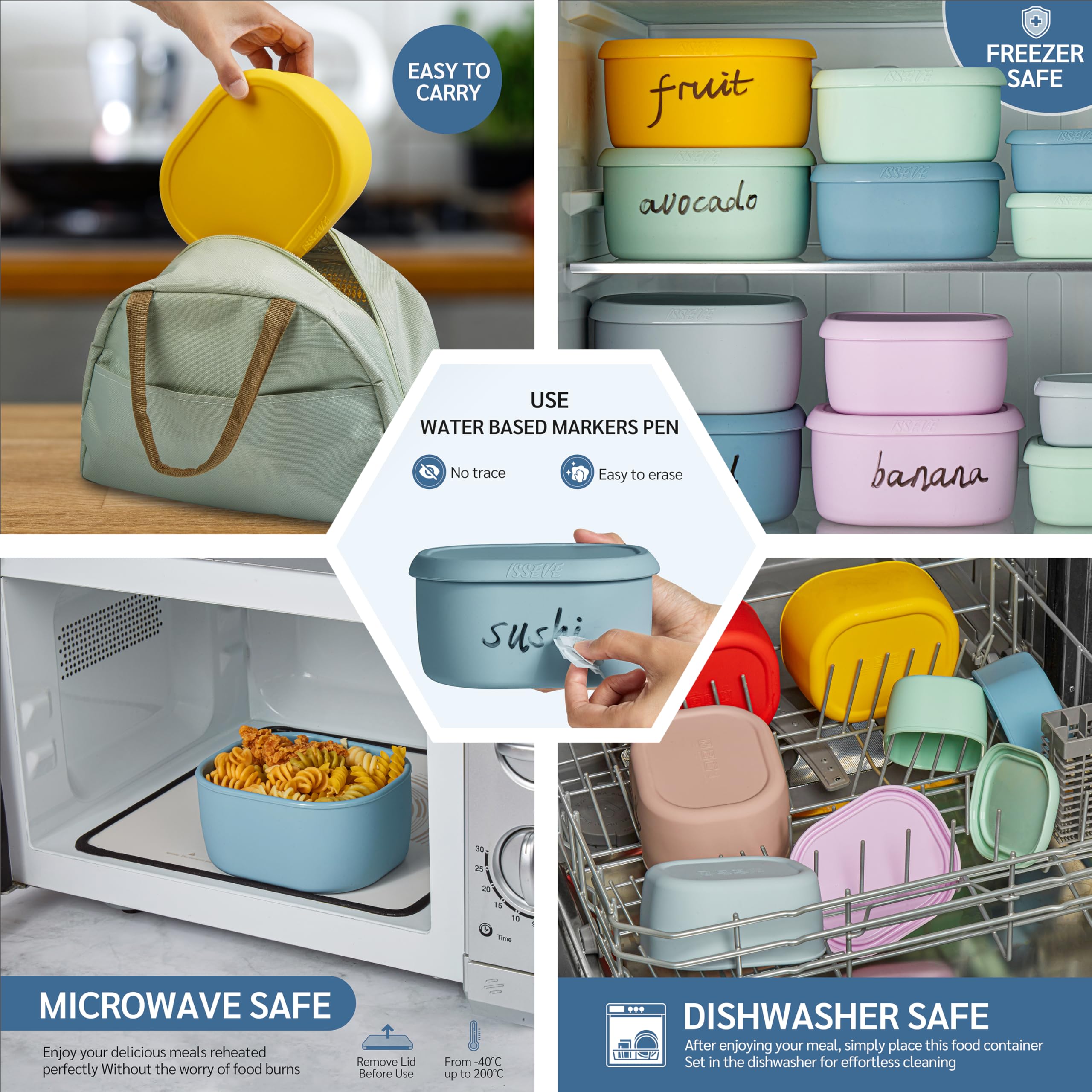 ISSEVE 12Pcs/Set Nesting Silicone Food Storage Containers with Lids, BPA Free Reusable Meal Prep Silicone Containers Airtight, Freezer Dishwasher Safe (33.8oz, 20oz, 10oz, 6.7oz, 1.3oz) (Blue)
