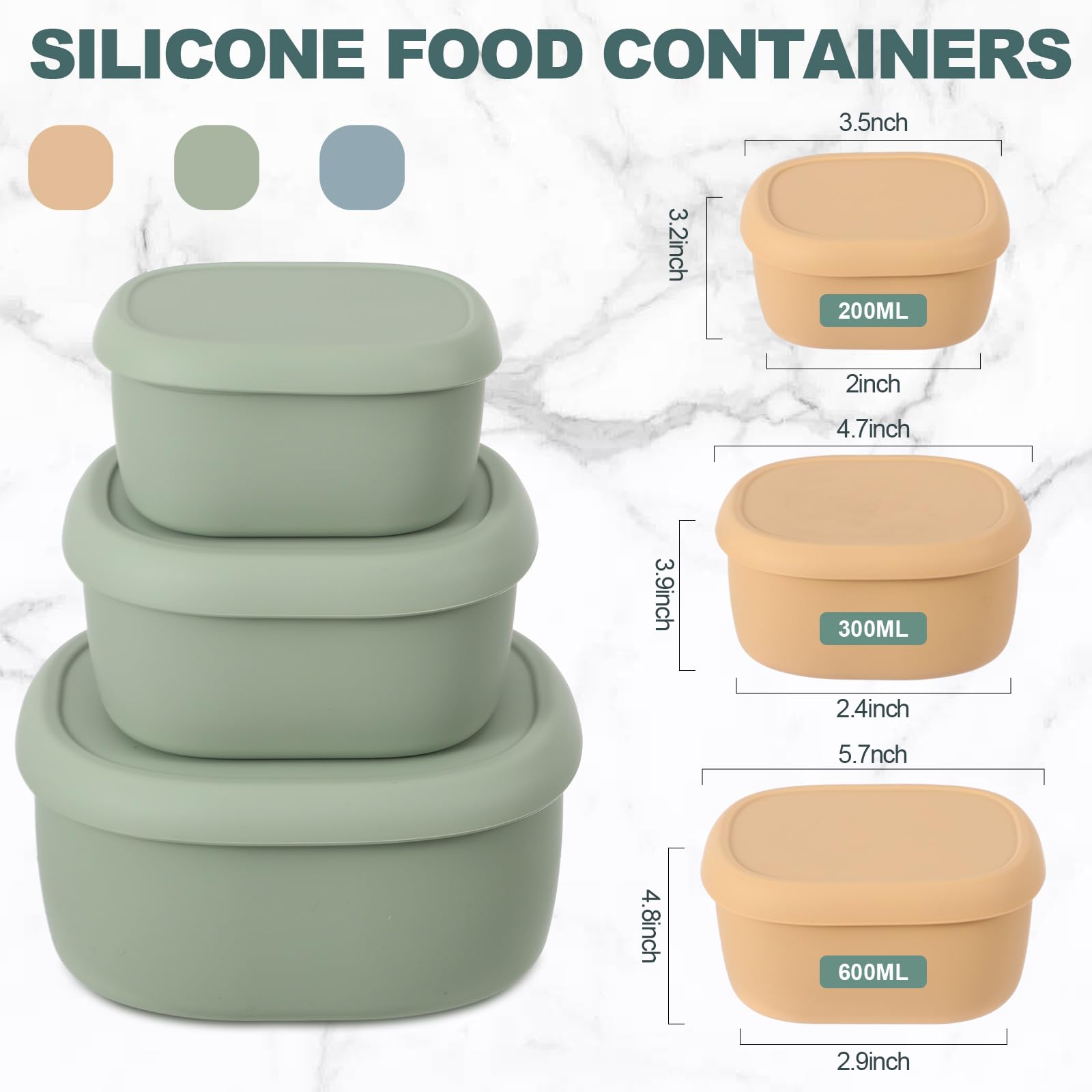 Vesici 9 Pcs Silicone Food Storage Containers Collapsible Reusable Small Containers with Lids Bpa Free for Christmas Party Snack Camping Lunch Bento Box (6.7oz, 10oz, 20oz) Green Blue Yellow