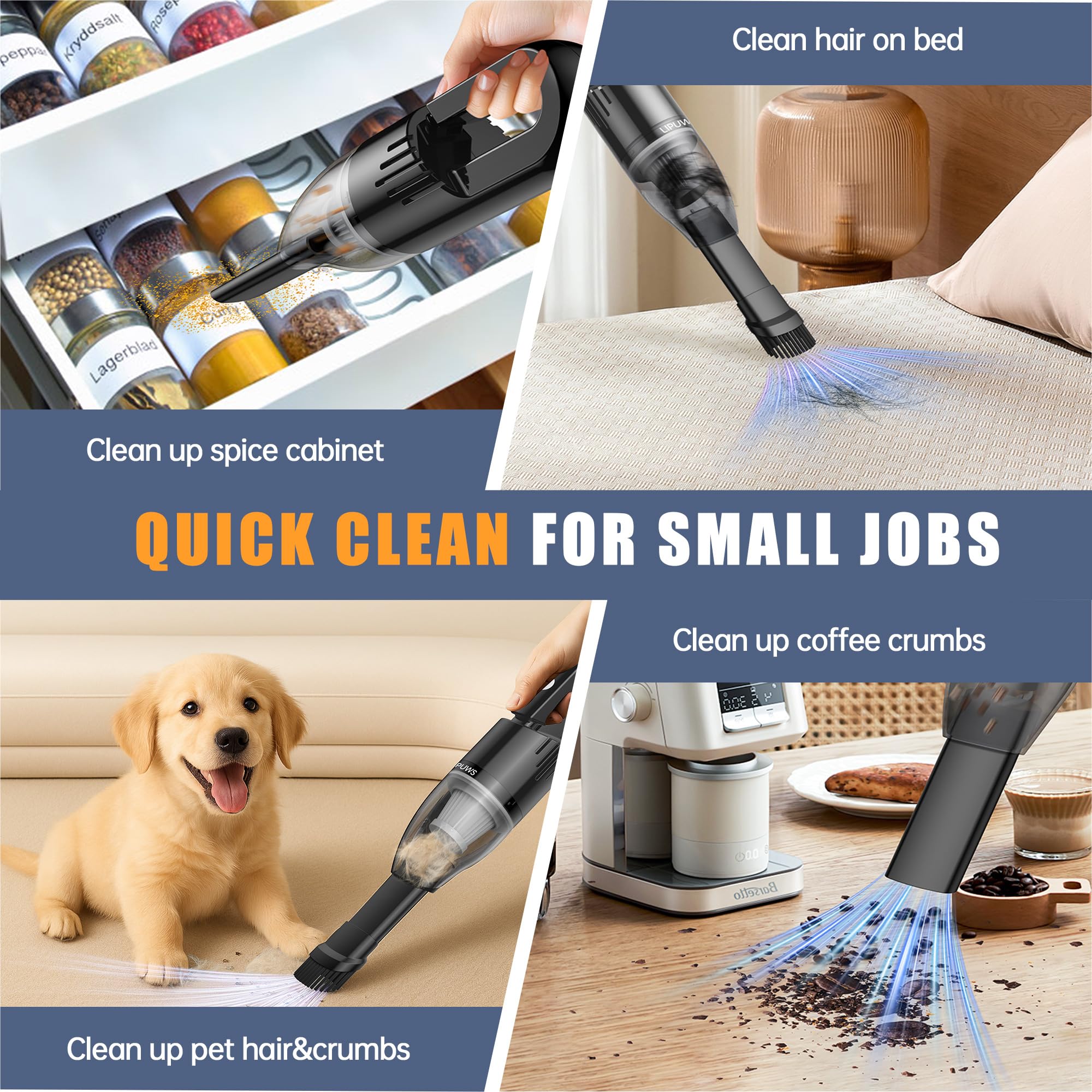 LIPUWS Mini Protable Car Vacuum Cordless,Handheld Vacuum for Quick Cleaning, Hand held vacuuming, Dust Buster Cordless Rechargeable for Car Home and Office
