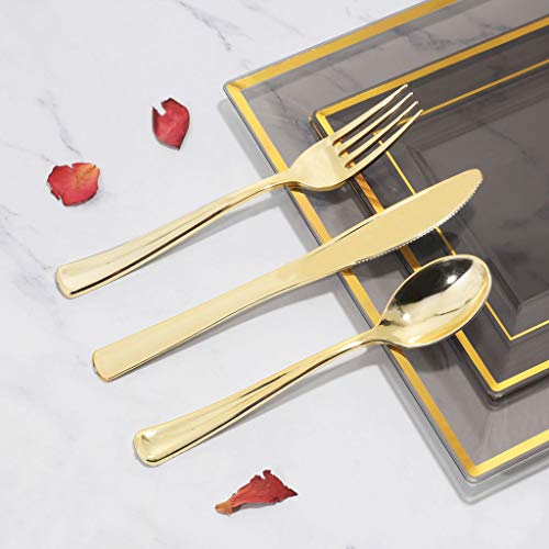 WELLIFE 150 PCS Clear Black Plastic Plates, Disposable Silverware and Cups, Gold Square Plastic Dinnerware, 25 Dinner Plates, 25 Dessert Plates, 25 Cups, 75 Gold Cutlery for Party and Weddings