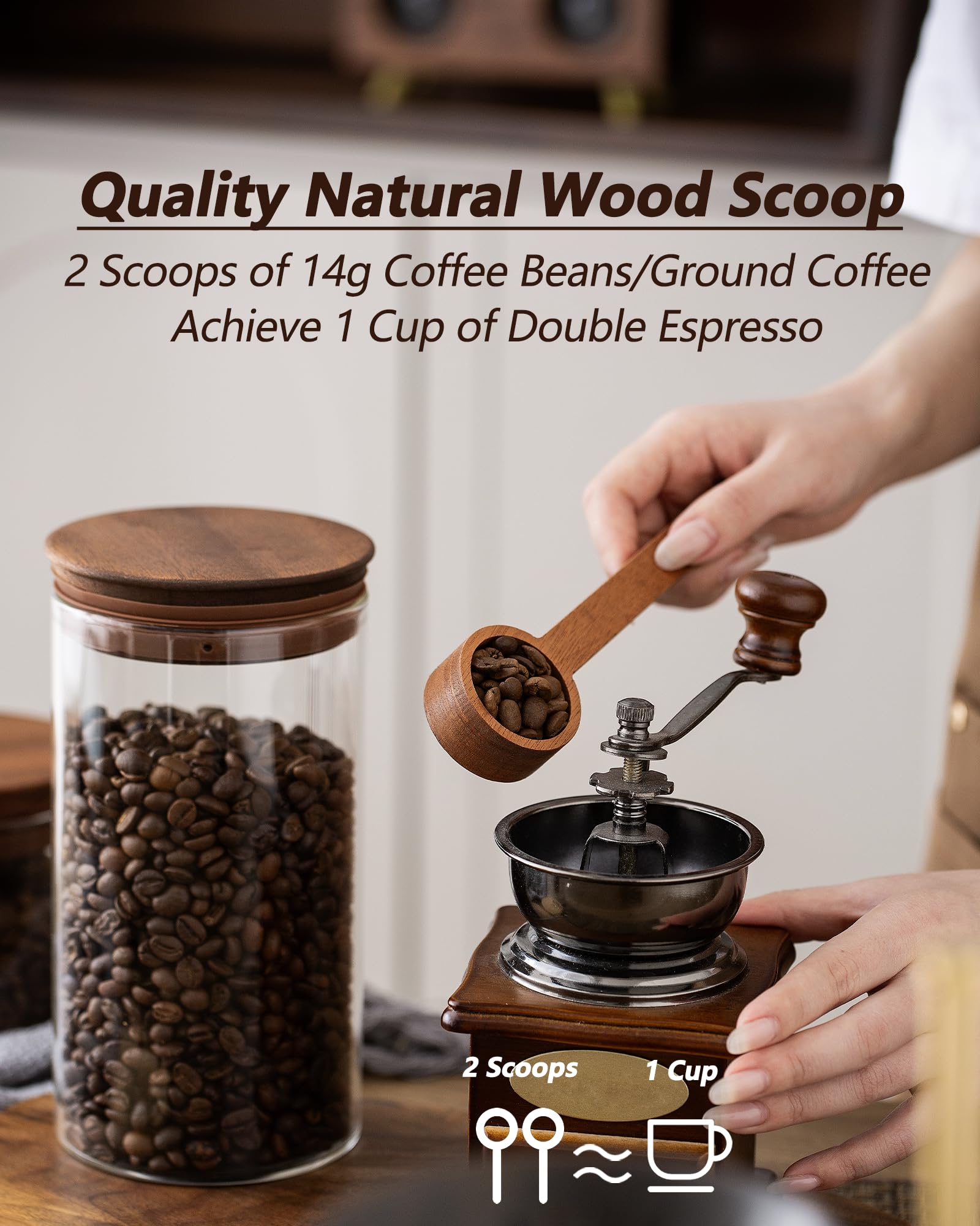 BOILMERIT 37 oz Coffee Canister with Scoop and Wooden Lids, Airtight Coffee Storage Container Sets of 2 for Ground Coffee, Glass Coffee Jars for Coffee Beans, Coffee Bar Organizer, Kitchen Countertop