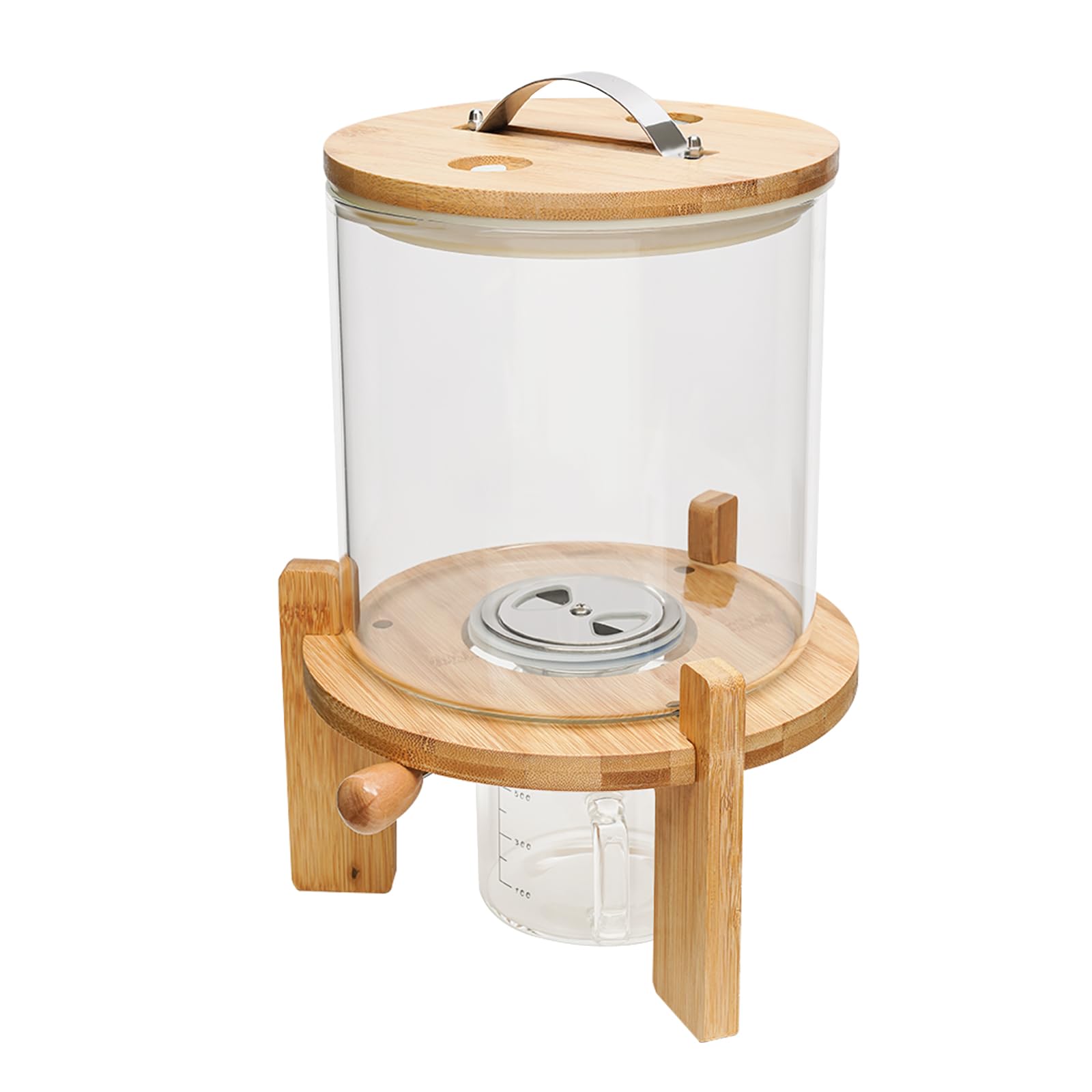 DYNAMI 5L Glass Rice Dispenser with Airtight Lid,Glass Cereal Dispenser w/Bamboo Stand and Measuring Cup,Bamboo Lid with Thermometer & Silicone Seal Ring,for Kitchen Organization Pantry Store