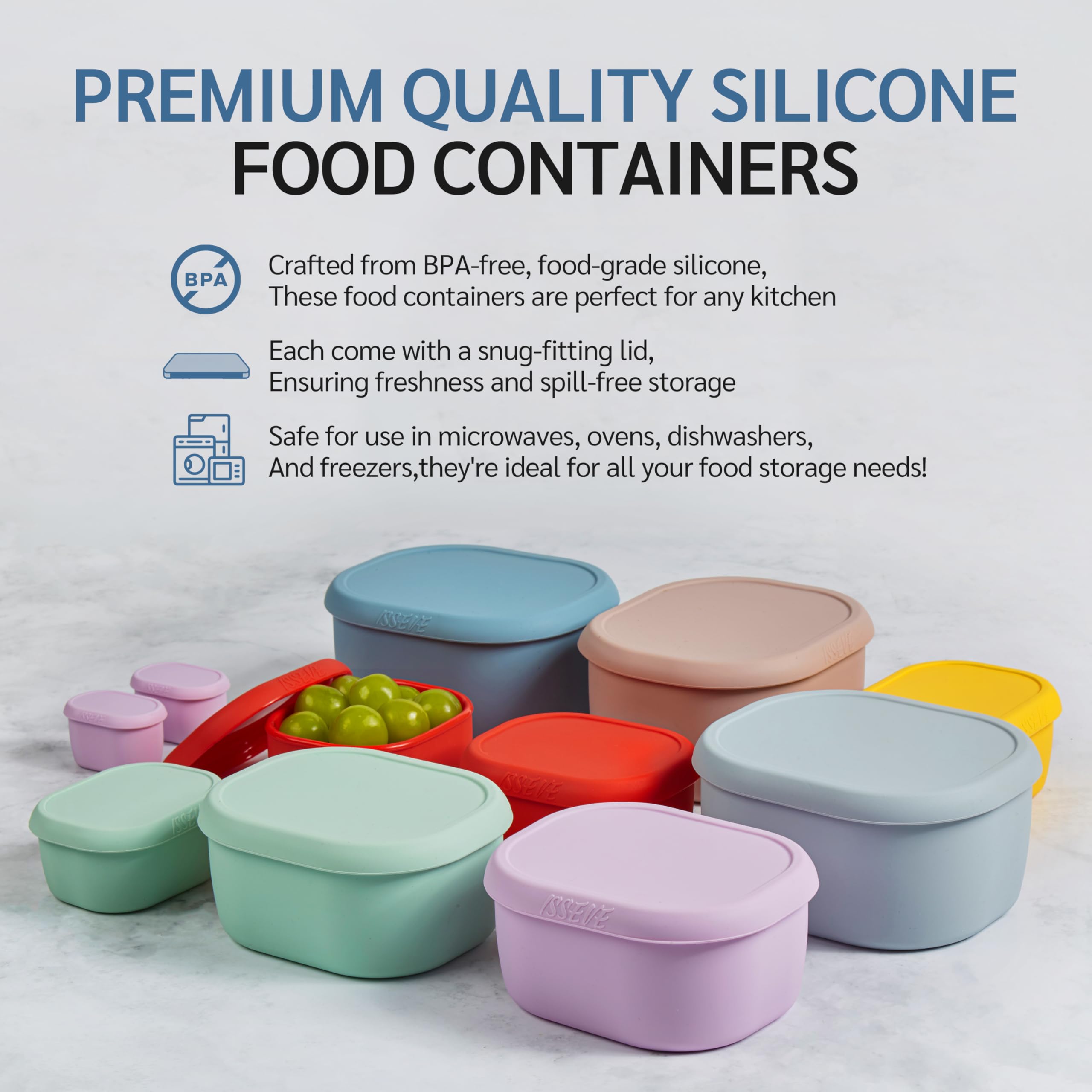 ISSEVE 12Pcs/Set Nesting Silicone Food Storage Containers with Lids, BPA Free Reusable Meal Prep Silicone Containers Airtight, Freezer Dishwasher Safe (33.8oz, 20oz, 10oz, 6.7oz, 1.3oz) (Blue)