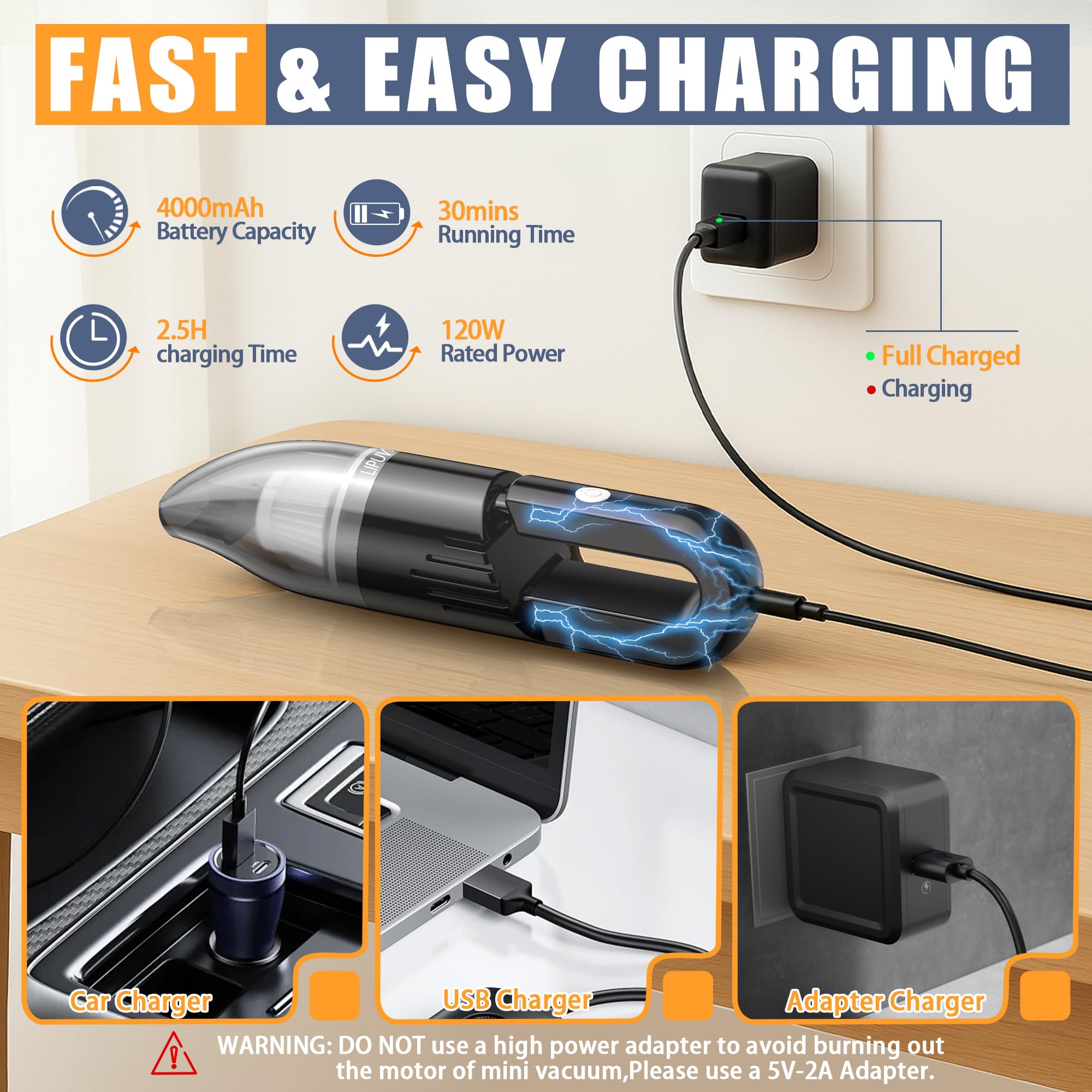 LIPUWS Mini Protable Car Vacuum Cordless,Handheld Vacuum for Quick Cleaning, Hand held vacuuming, Dust Buster Cordless Rechargeable for Car Home and Office