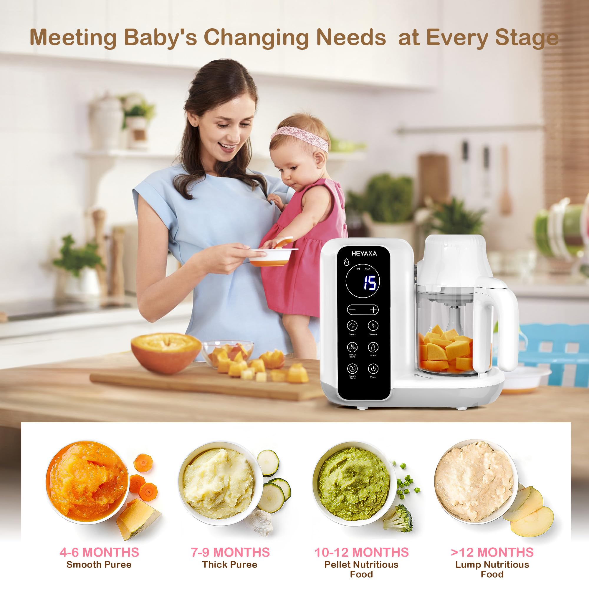 HEYAXA Baby Food Maker, Baby Food Processor with Automatic Cooking & Grinding, Food Steamer Puree Blender with Self-Cleaning Function, BPA Free (White)