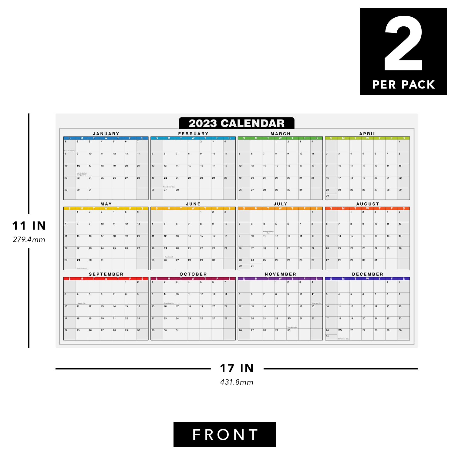 2023 Full Desk Calendar - 11 x 17β Large Size 12 Month Planner - 2 Sided Vertical/Horizontal Reversible - Printed on Thick and Durable 80lb Cardstock (216 GSM) - 2 Per Pack