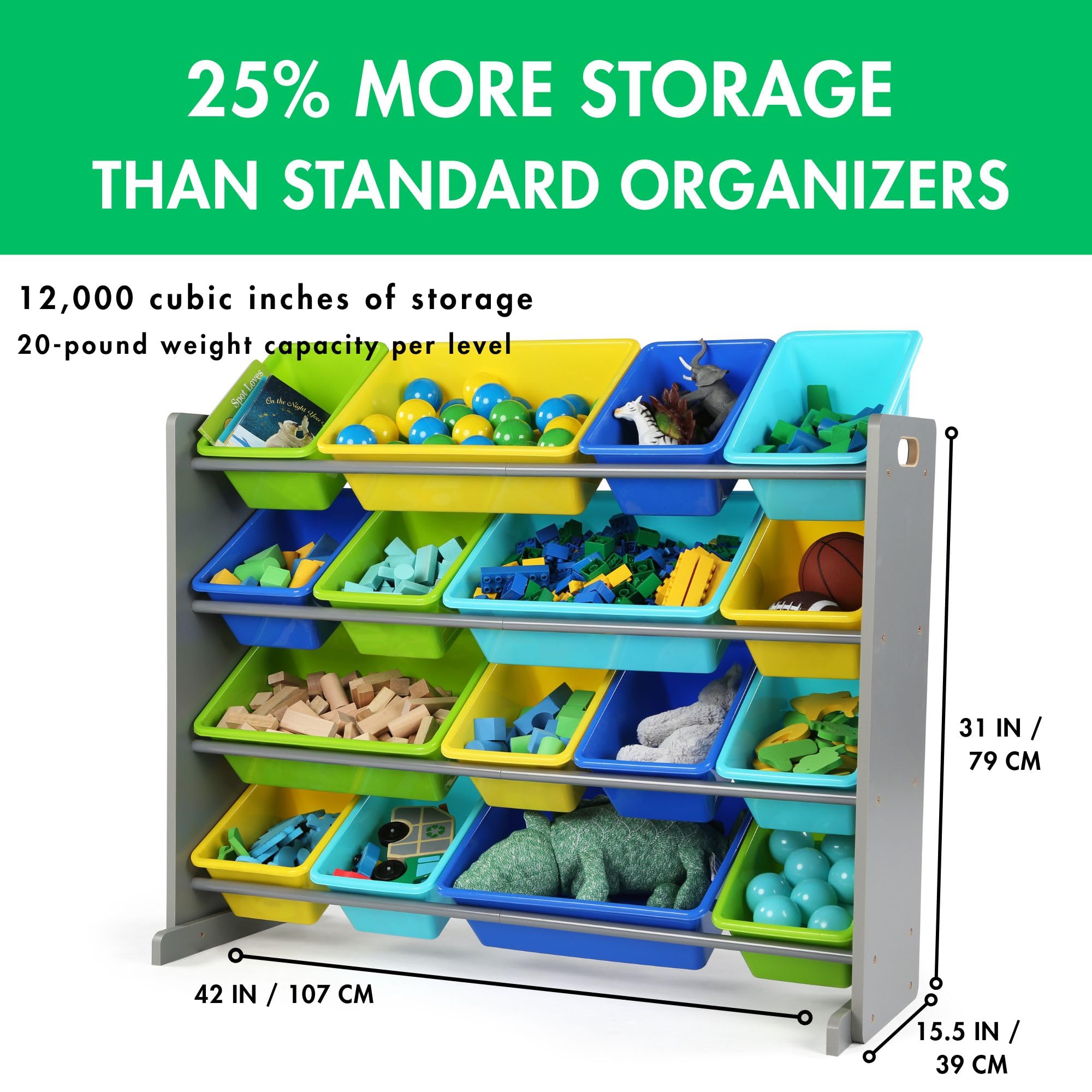 Humble Crew Extra-Large Toy Organizer, 16 Storage Bins, Grey/Blue/Green/Yellow,15.5"D x 42"W x 35"H