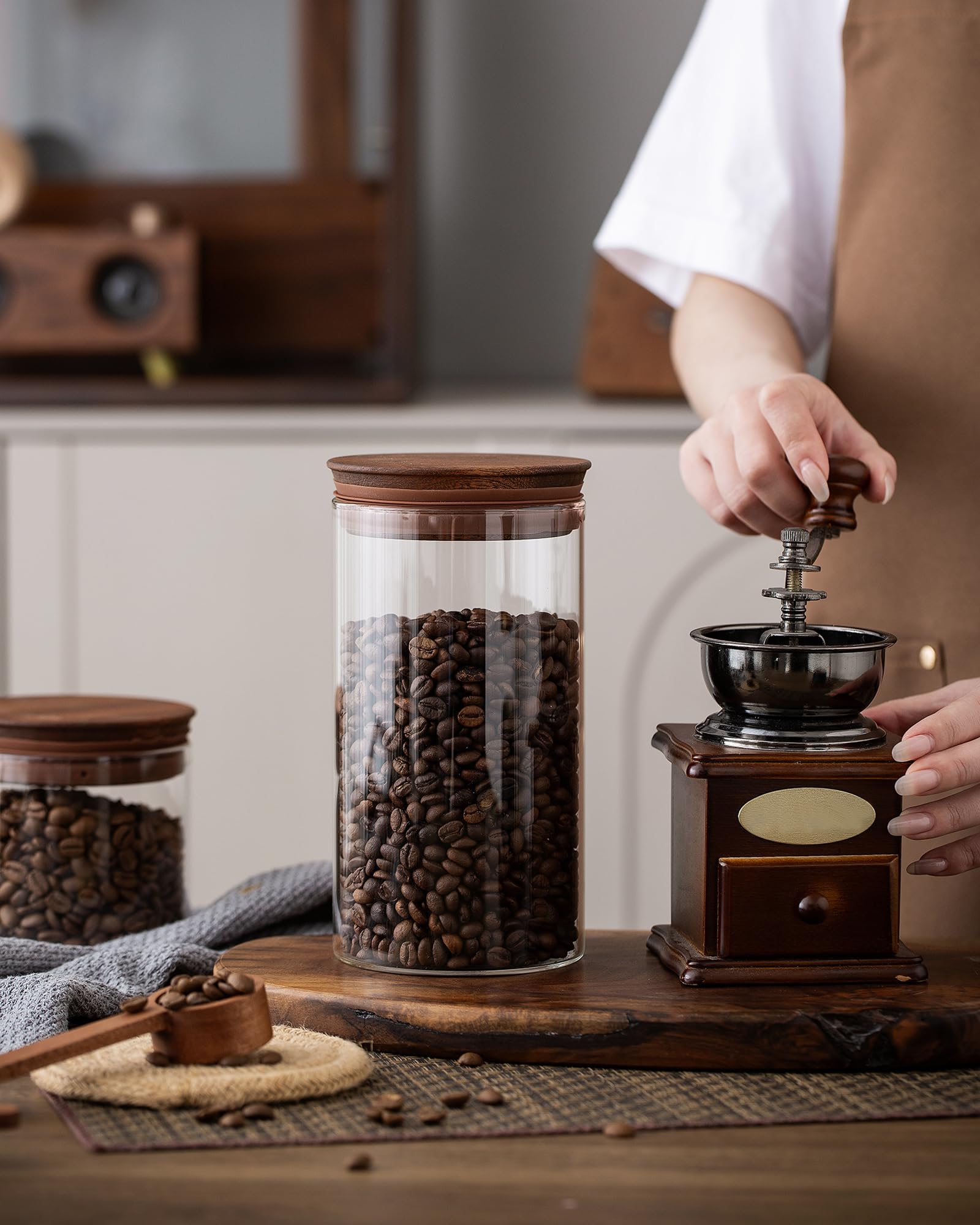 BOILMERIT 37 oz Coffee Canister with Scoop and Wooden Lids, Airtight Coffee Storage Container Sets of 2 for Ground Coffee, Glass Coffee Jars for Coffee Beans, Coffee Bar Organizer, Kitchen Countertop