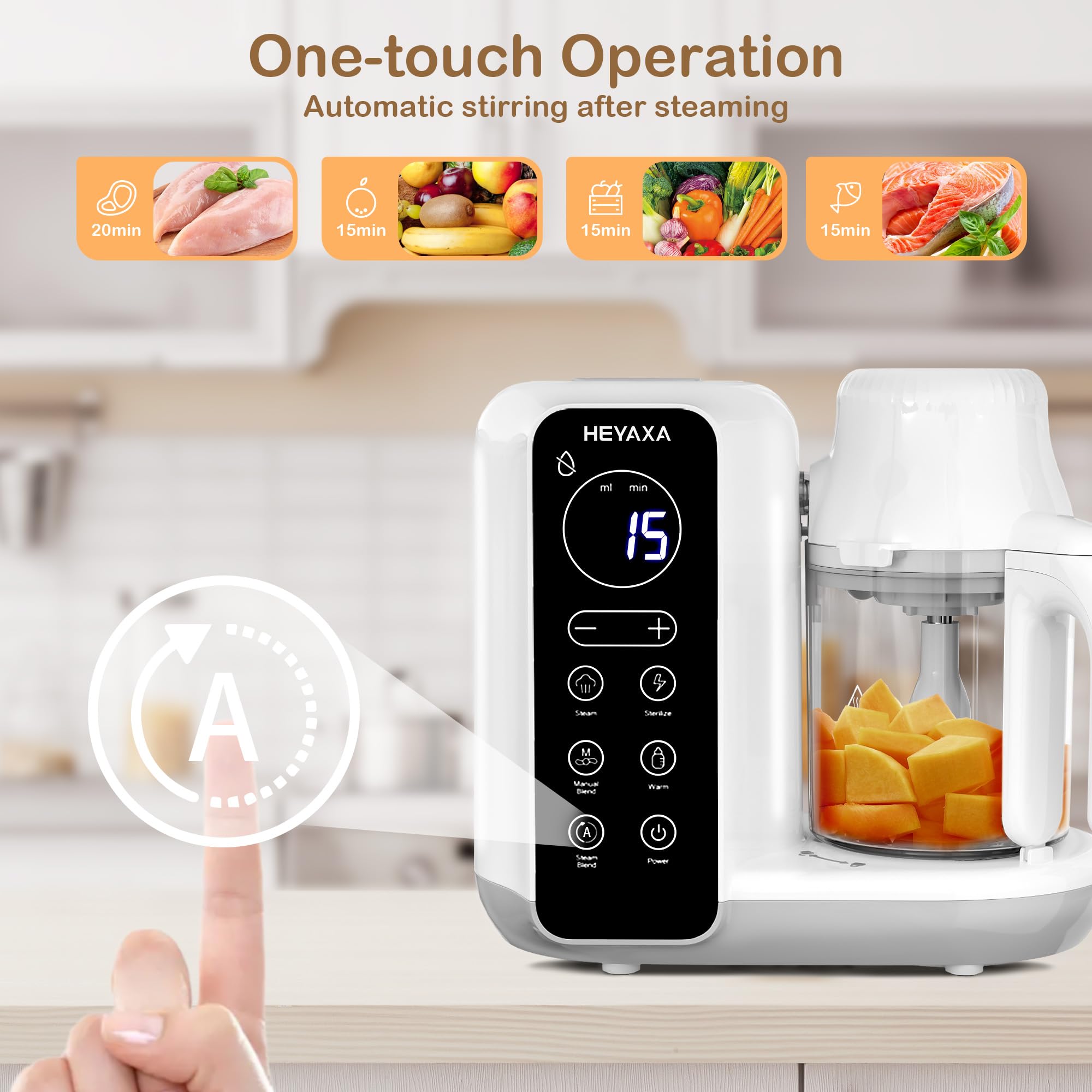HEYAXA Baby Food Maker, Baby Food Processor with Automatic Cooking & Grinding, Food Steamer Puree Blender with Self-Cleaning Function, BPA Free (White)