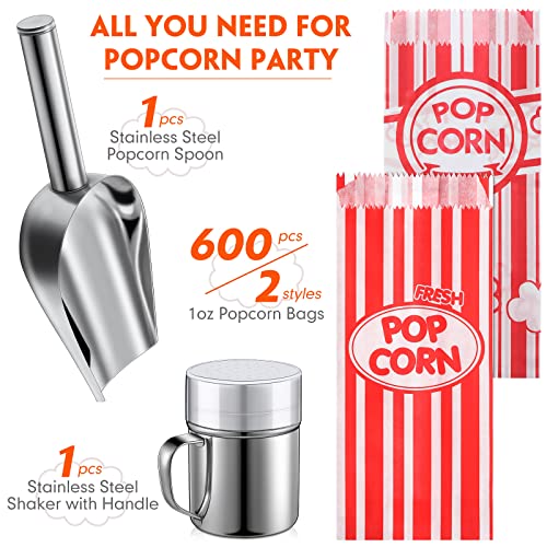 602 Pcs Popcorn Maker Supplies Set Includes 600 Popcorn Paper Bags 1 oz Popcorn Individual Bags 1 Popcorn Scoops 1 Popcorn Seasoning Dredge Shaker with Handle for Home Kitchen Movie Party Use