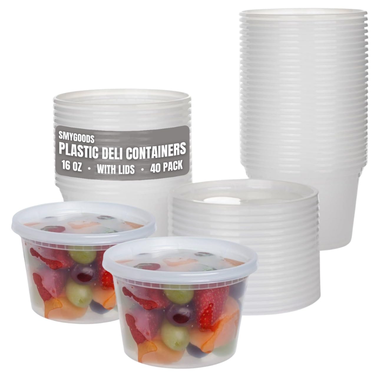 Smygoods 16oz Plastic Deli Containers with Lids - 40 Count, Stackable, BPA Free, Clear.