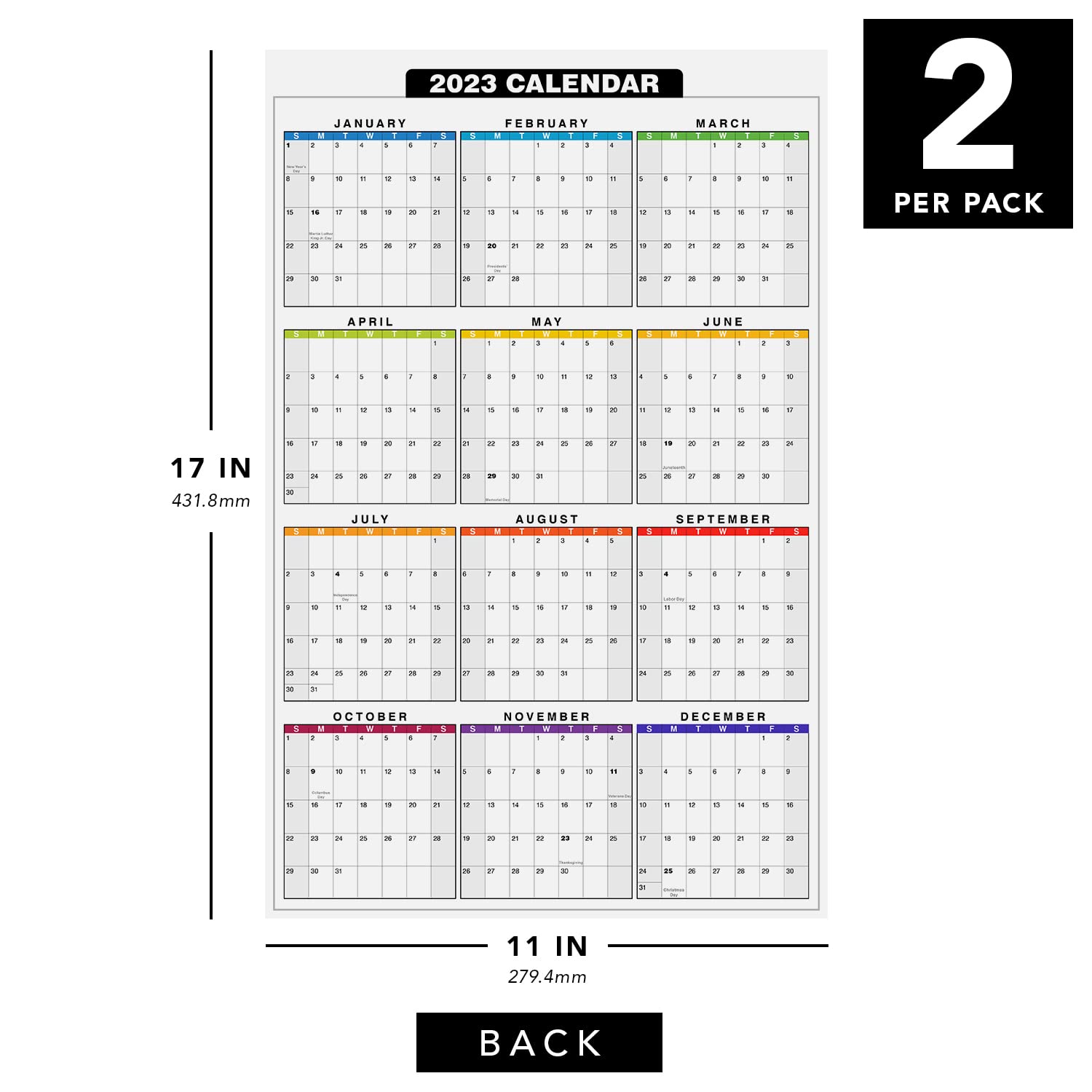2023 Full Desk Calendar - 11 x 17β Large Size 12 Month Planner - 2 Sided Vertical/Horizontal Reversible - Printed on Thick and Durable 80lb Cardstock (216 GSM) - 2 Per Pack