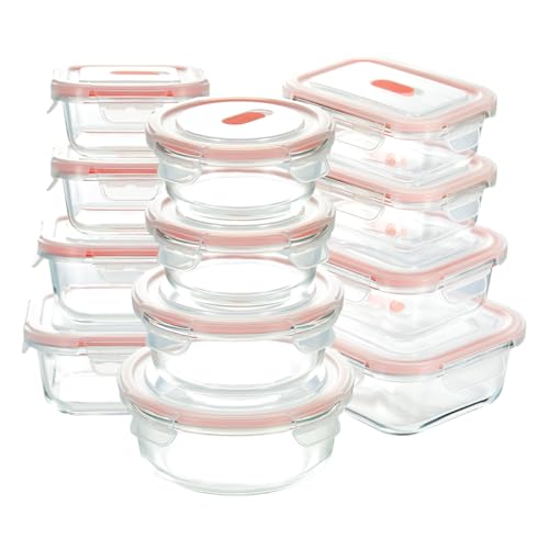 DASAAN 24-Piece Glass Food Storage Containers Set with Airtight lid, Glass Meal Prep Containers, Easy Stack Containers, Durable Glass Container-From Fridge directly to Oven and Dishwasher Safe (Pink)