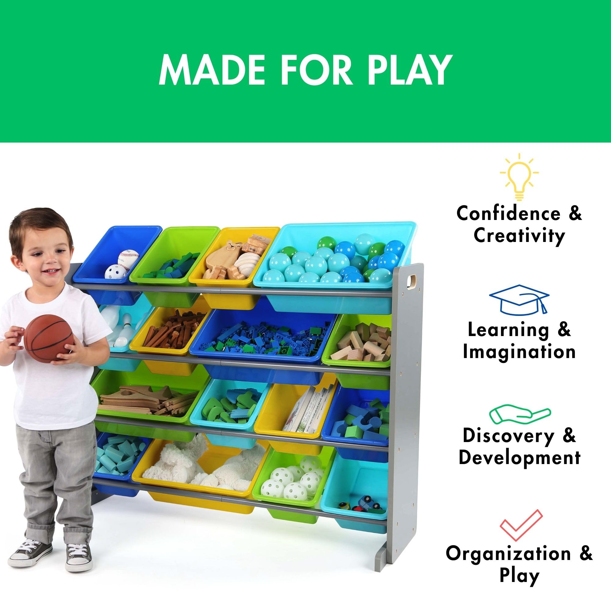 Humble Crew Extra-Large Toy Organizer, 16 Storage Bins, Grey/Blue/Green/Yellow,15.5"D x 42"W x 35"H