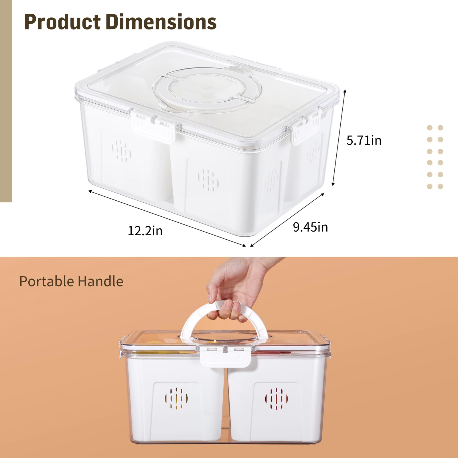 Lnrueg Airtight Fresh Produce Containers for Fridge - 4 Compartments with Handle, Berry Containers for Fridge, BPA-Free Fresh Produce Saver & Refrigerator Organizer Bins