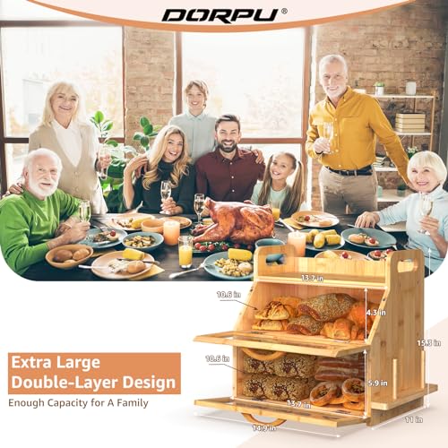 DORPU Extra Large Bread Box, Double Layer Bread Box for Homemade Bread, Bamboo Wooden Bread Storage Container with Tool Holder | Handles | Window, Assembly Required(14.9" x 11" x 15.3") Natural