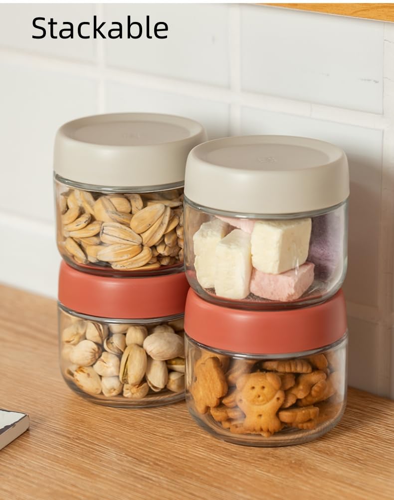 2 Pack 10 OZ Glass Food Jars with Screw Lids,Overnight Oats Container,Airtight Small Food Storage Container Leakproof Glass Container for Food Portion,Dipping Sauce,Snack(clear Finnish Red)