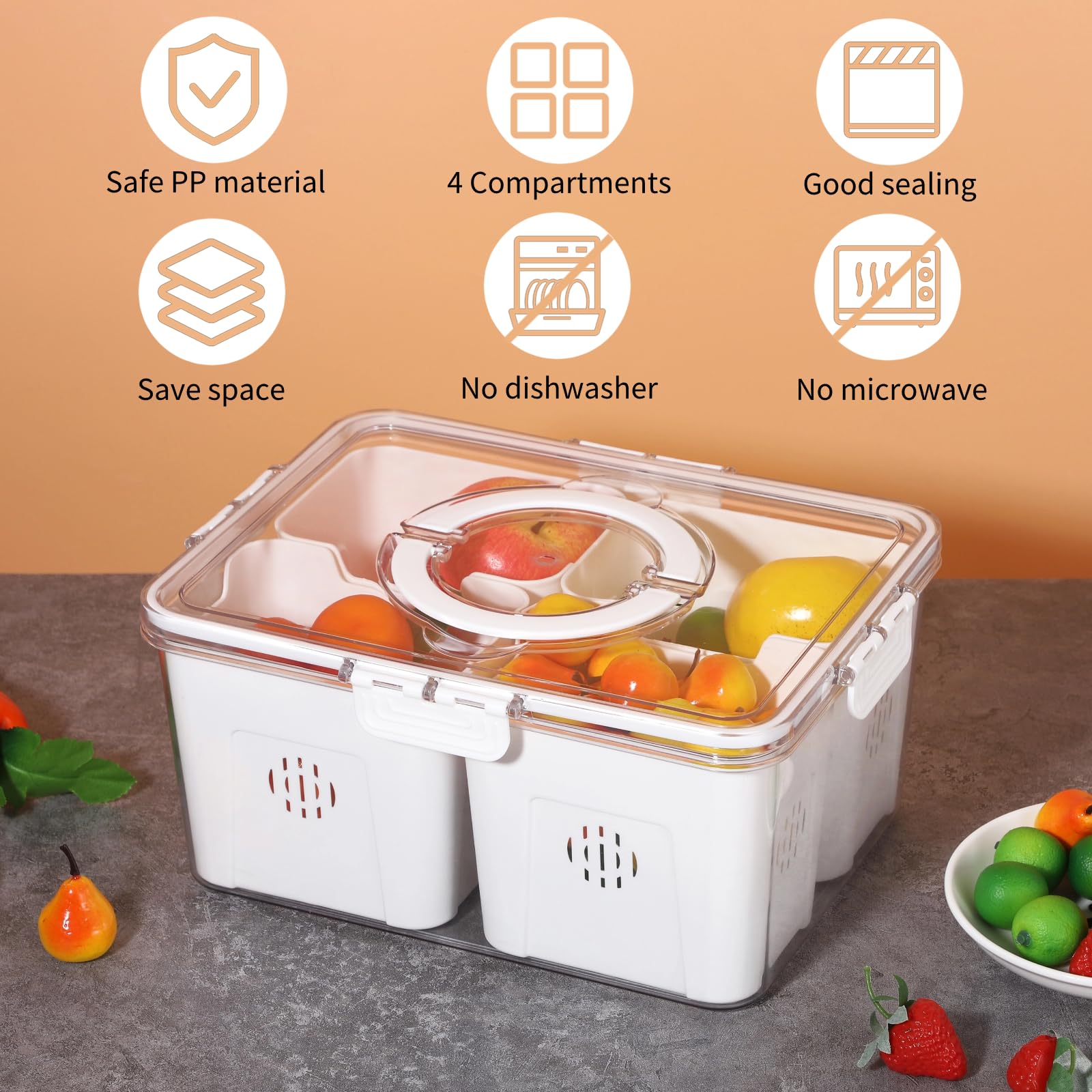 Lnrueg Airtight Fresh Produce Containers for Fridge - 4 Compartments with Handle, Berry Containers for Fridge, BPA-Free Fresh Produce Saver & Refrigerator Organizer Bins