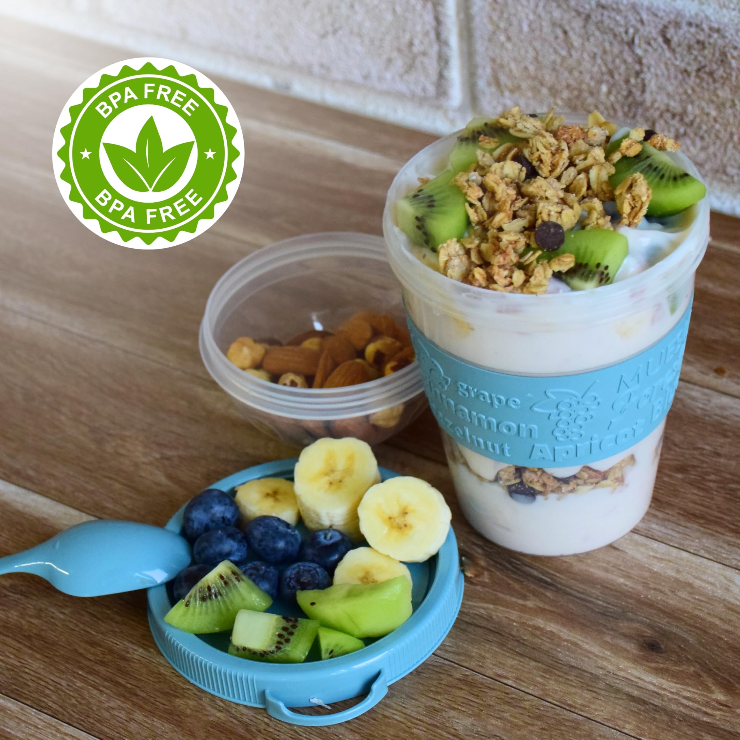 salda 2 Pack 20 oz Breakfast On the Go Cups, Take and Go Yogurt Cup with Topping Cereal Cup with spoon, Overnight Oats or Oatmeal Container Jar, Colorful Set of 2 (Red and Gray)
