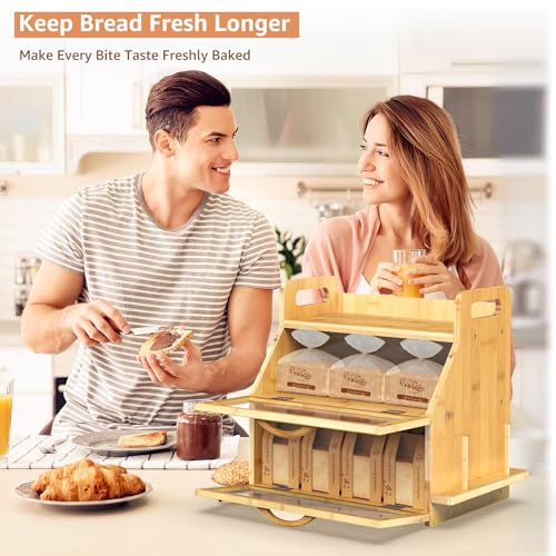 DORPU Extra Large Bread Box, Double Layer Bread Box for Homemade Bread, Bamboo Wooden Bread Storage Container with Tool Holder | Handles | Window, Assembly Required(14.9" x 11" x 15.3") Natural