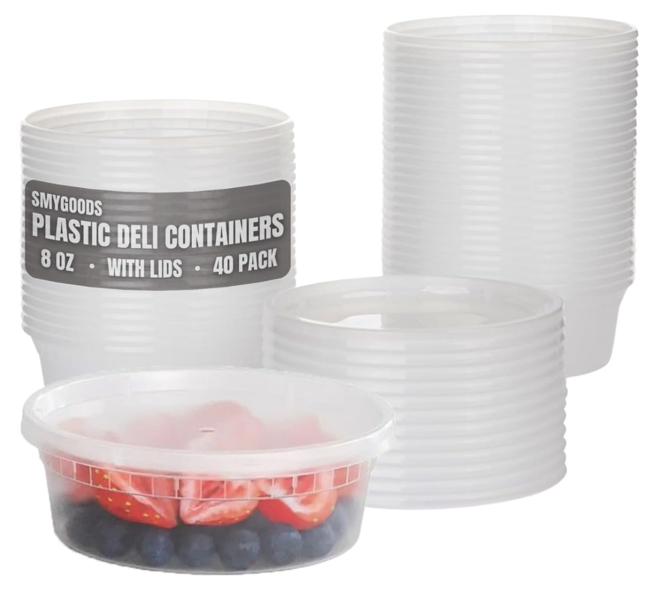 Smygoods 8oz Plastic Deli Containers with Lids - 40 Count, Stackable, BPA Free, Clear