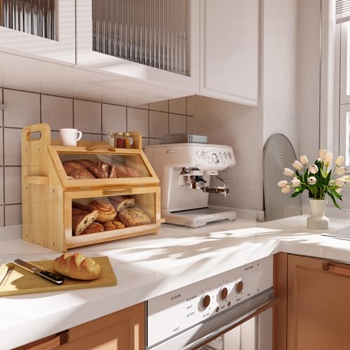 DORPU Extra Large Bread Box, Double Layer Bread Box for Homemade Bread, Bamboo Wooden Bread Storage Container with Tool Holder | Handles | Window, Assembly Required(14.9" x 11" x 15.3") Natural