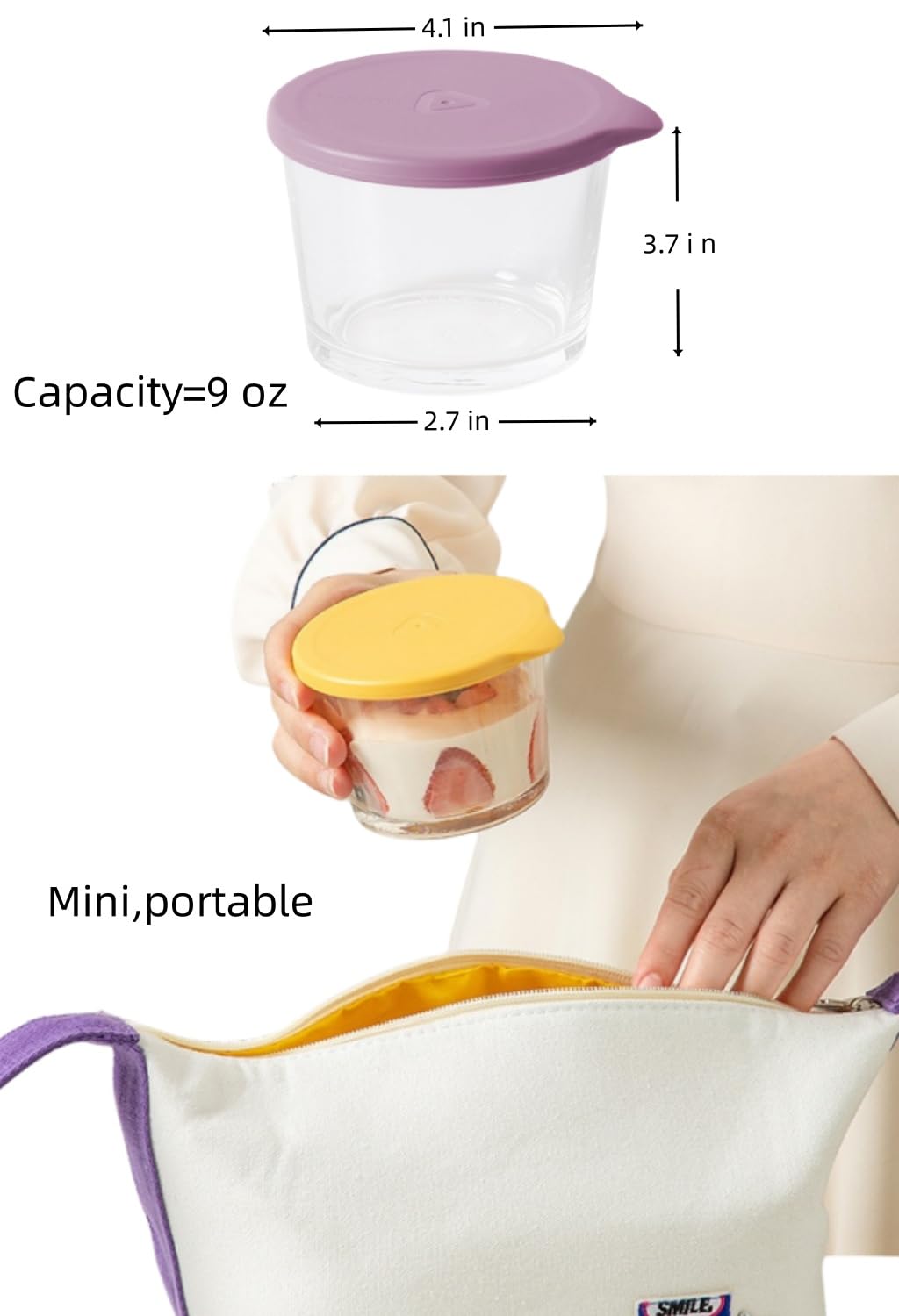 yaocoral 4 Pack 9 OZ Small Round Glass Containers with Lids,Clear Food Jars Airtight Glass Food Container for Food Portion,Overnight Oats,Pickles,Dipping Sauce,Snack,Yogurt,Meal Prep Containers