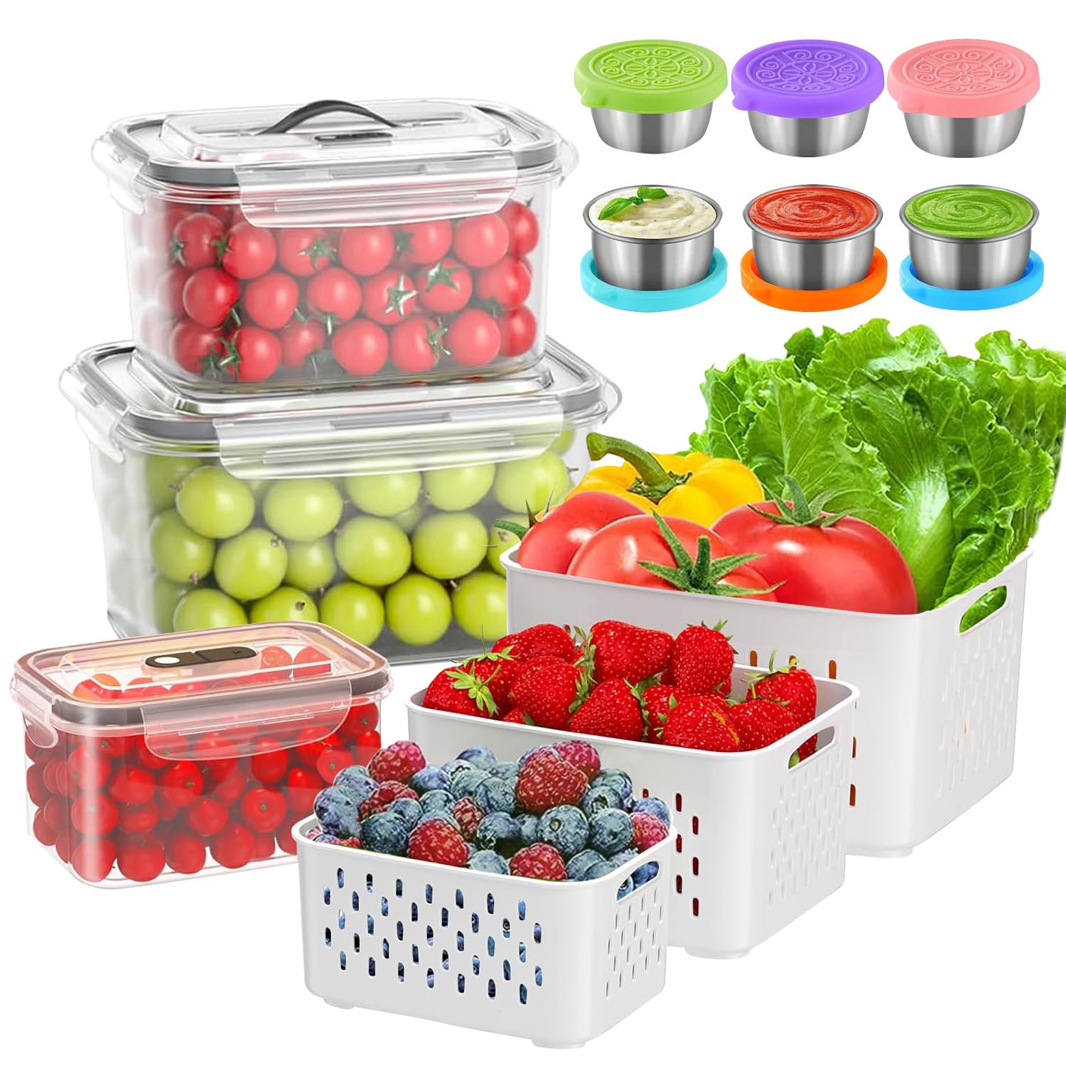 ATRONAW 12 Pieces Fruit Storage Containers for Fridge -Salad Dressing Containers To Go,Produce Storage Bins Set for Refrigerator for Salad Berry Lettuce Vegetables Meat