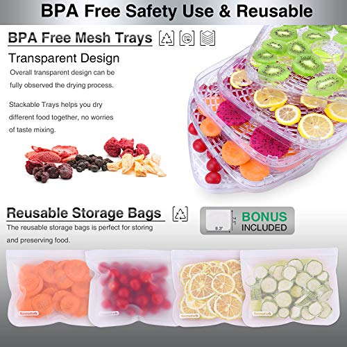 Seeutek Food Dehydrator Machine for Beef Jerky, Fruits, Vegetables Electric Dryer Machine with 5 BPA-free Trays, Adjustable Temperature Control, Recipe Book & 4PCS Reusable Storage Bags