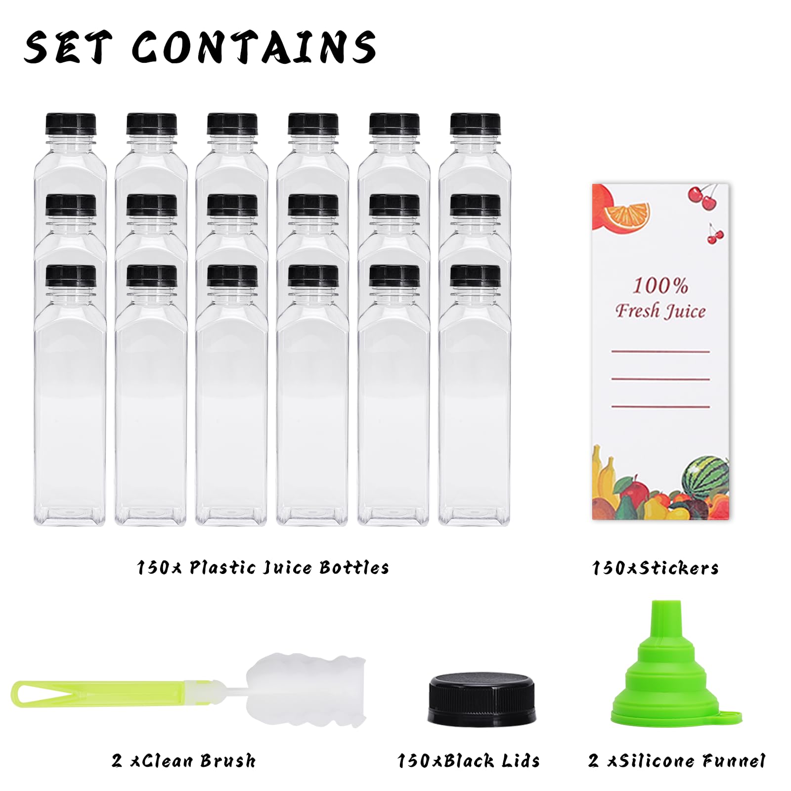 OBKJJ Plastic Juice Bottles 150 pcs 16 oz Empty Plastic Water Bottles with Caps Reusable Clear Beverage Containers for Drinking, Juicing, Smoothie, Water with 2 Brushes, 2 Funnels (16-OZ)