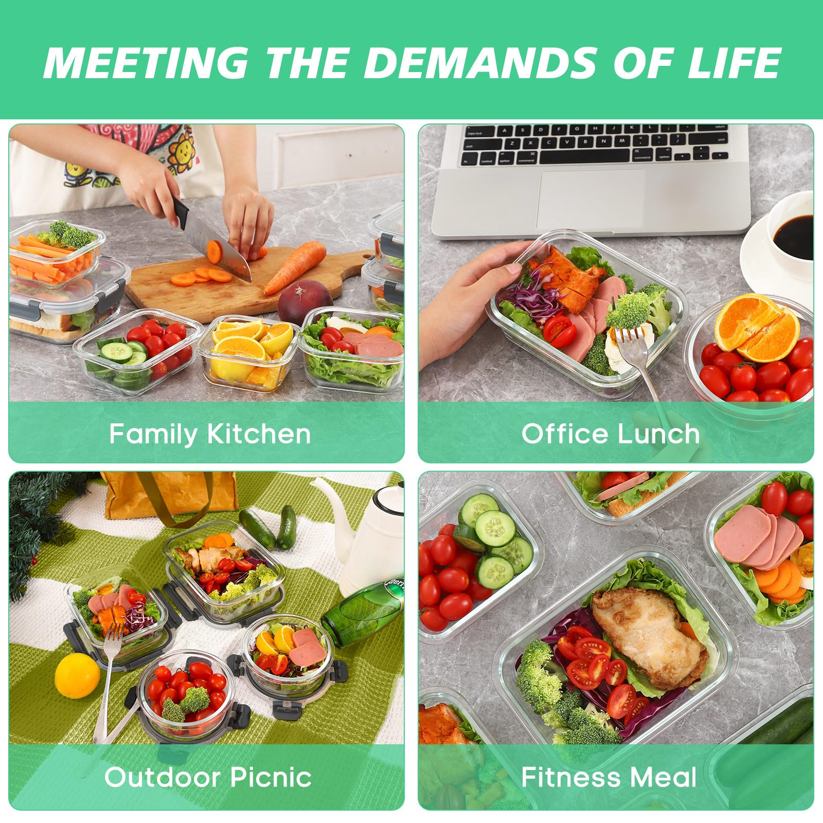 Dumtanight 3 Piece Glass Food Storage Container Glass Lunch Containers Glass Meal Prep Container Set Clip Seals Tightly Without Leakage Applicable to Microwave Oven Refrigerator Dishwasher