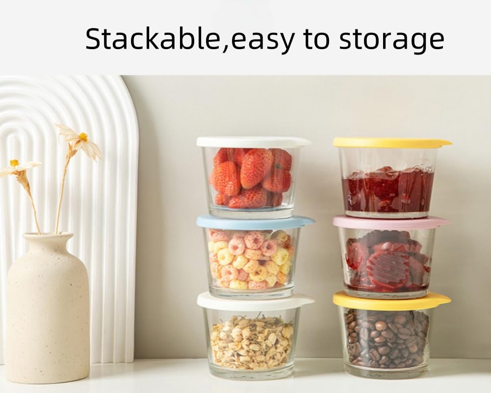 yaocoral 4 Pack 9 OZ Small Round Glass Containers with Lids,Clear Food Jars Airtight Glass Food Container for Food Portion,Overnight Oats,Pickles,Dipping Sauce,Snack,Yogurt,Meal Prep Containers