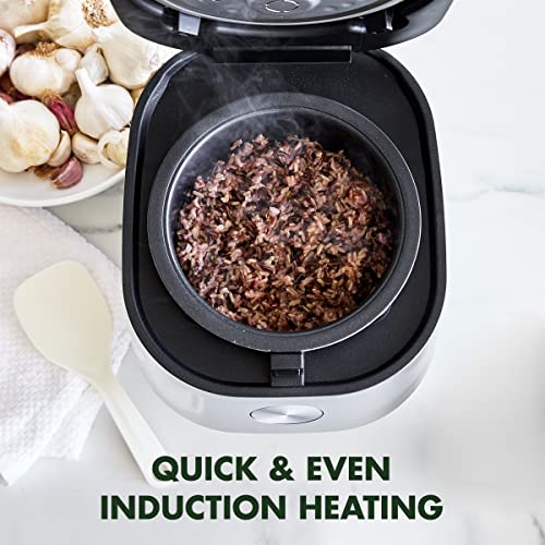 GreenPan Stainless Steel Healthy Ceramic Nonstick 8-Cup Rice Oats Grains & Soup Cooker, Induction Heating for Consistent Results, Dishwasher Safe Pot, Includes Spatula Ladle & Measuring Cup
