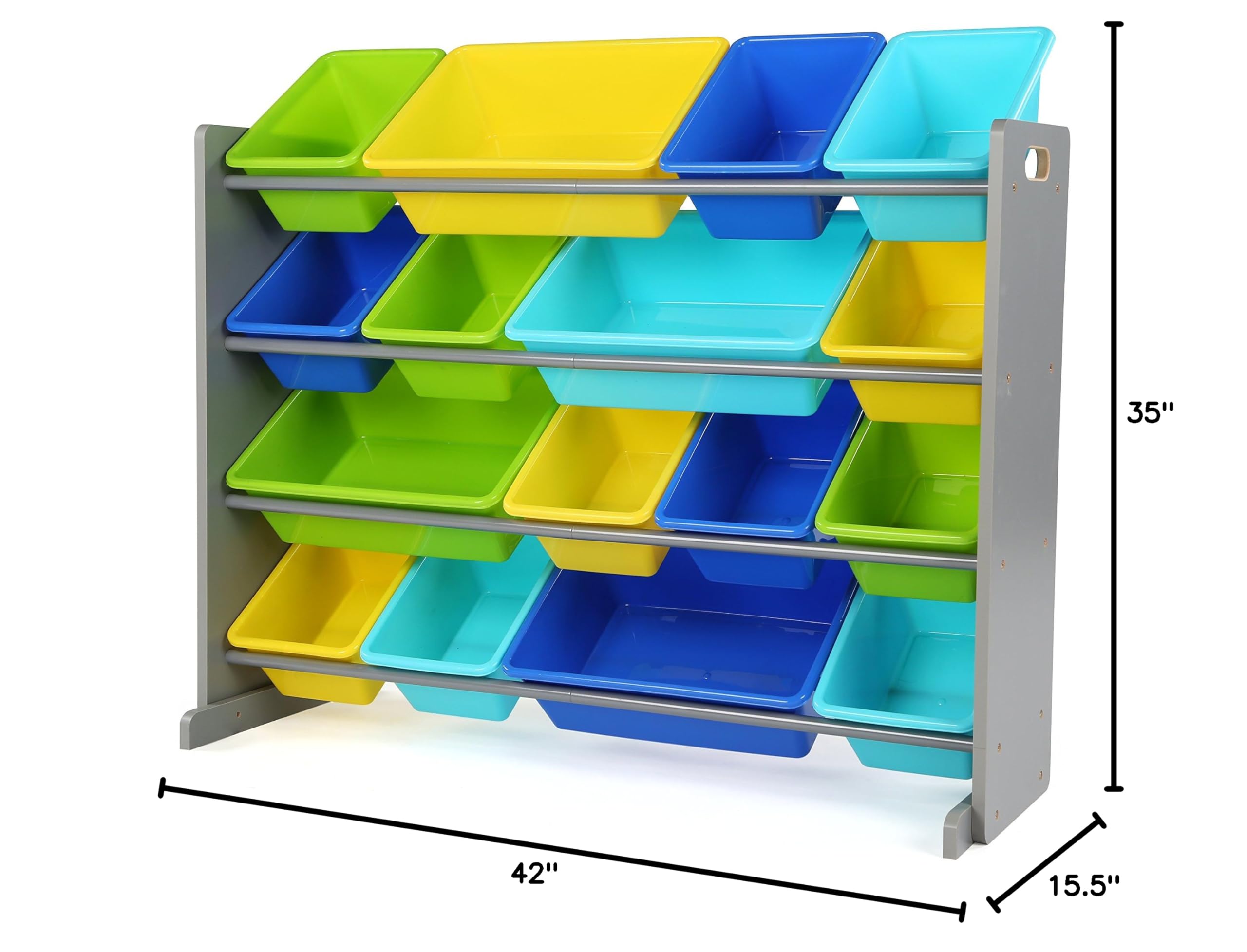 Humble Crew Extra-Large Toy Organizer, 16 Storage Bins, Grey/Blue/Green/Yellow,15.5"D x 42"W x 35"H