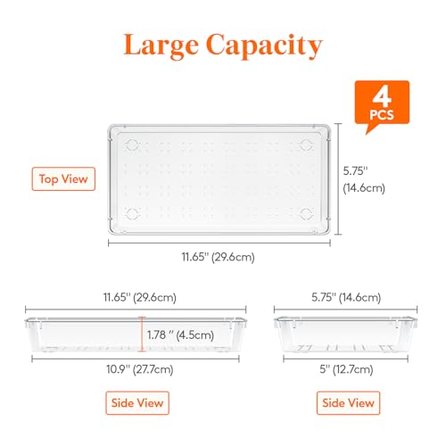 Lifewit Silverware Drawer Organizer, 5.75" x 11.65" Clear Utensil Tray for Kitchen Drawer, Stackable Plastic Flatware and Cutlery Storage Box Divider for Spoons Forks Knives Tools, 4 Pack