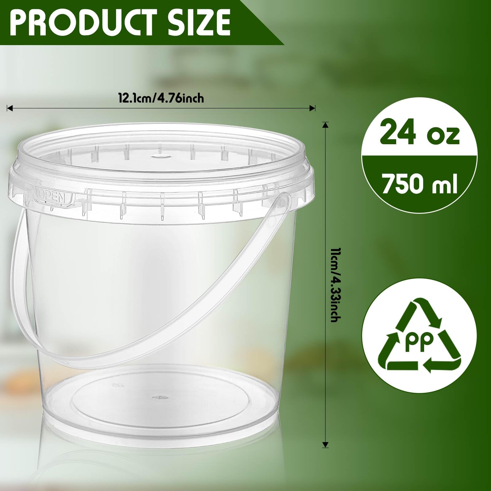 Mifoci 50 Pcs Food Clear Bucket Plastic Gallon Bucket Round Reusable Ice Cream Containers with Lids and Handles Airtight Clear Plastic Tub Freezer Reusable Pail for Kitchen Drinks Home (24oz)
