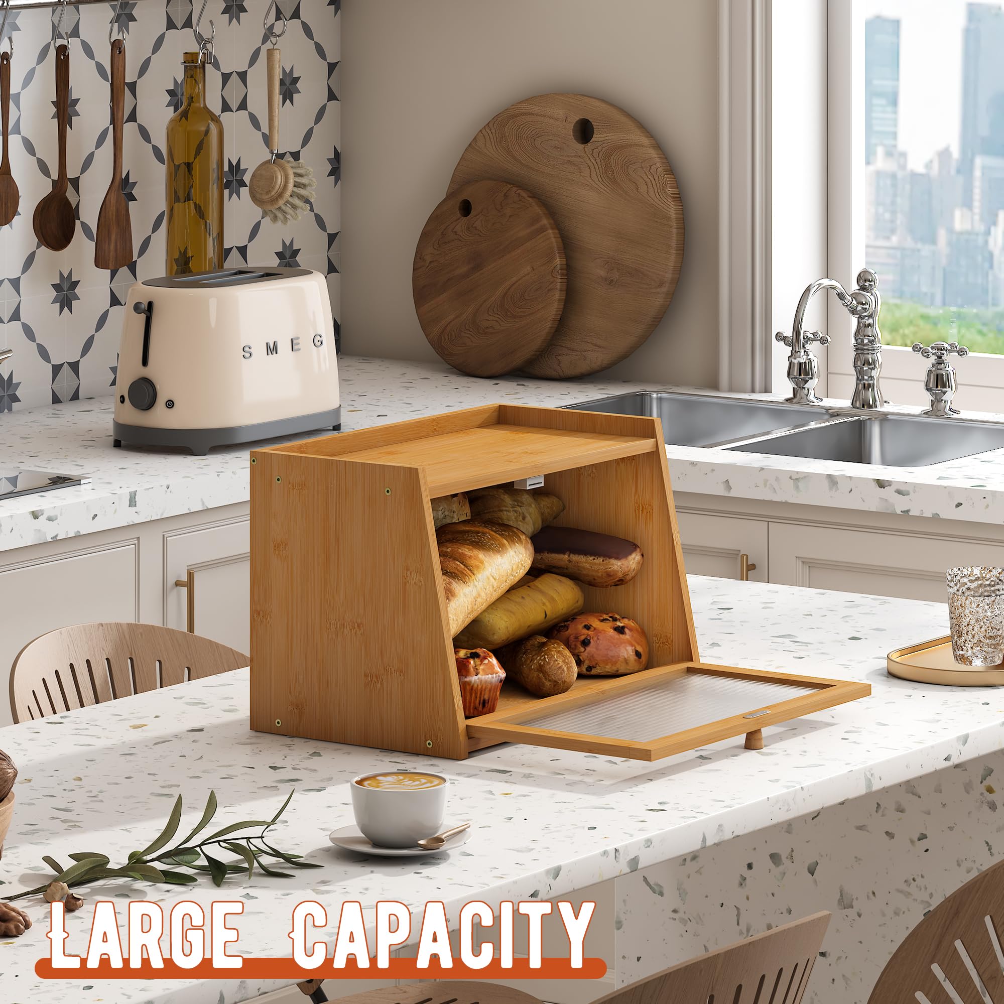 GHWIE Large Bread Box, Easy Access & Cleaning - Bamboo Bread Box for Kitchen Countertop with Acrylic Door,Natural
