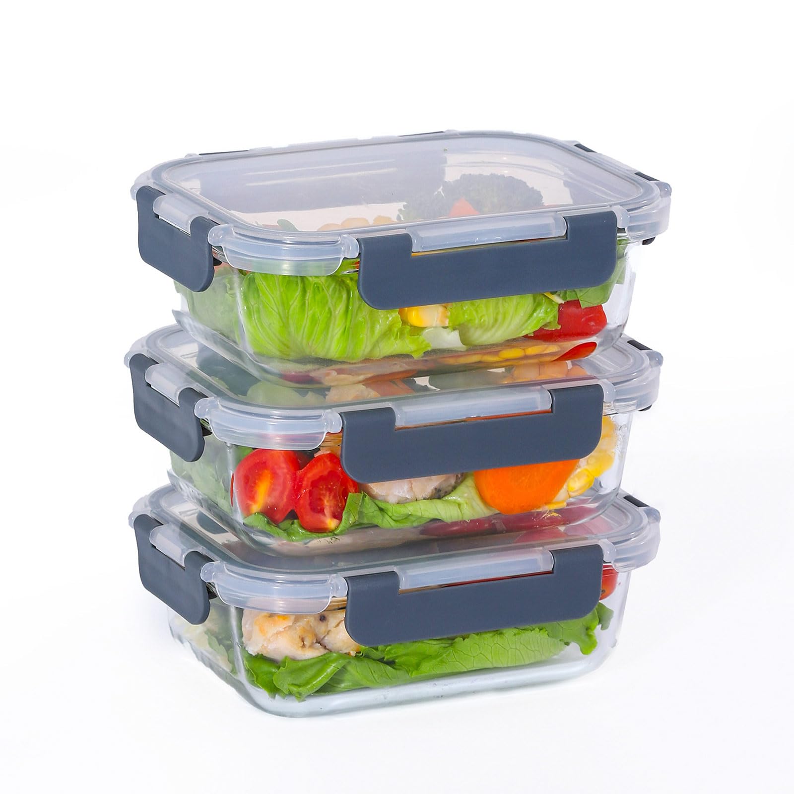 Dumtanight 3 Piece Glass Food Storage Container Glass Lunch Containers Glass Meal Prep Container Set Clip Seals Tightly Without Leakage Applicable to Microwave Oven Refrigerator Dishwasher
