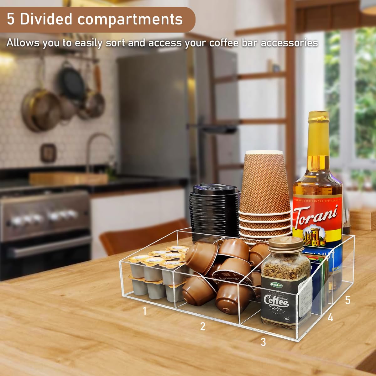 KAIDELI Acrylic Coffee Bar Station Organizer for Countertop, Office, Home Coffee K Cup Holder Holds Paper Cups, Condiments, Coffee Pods, Syrups, Creamer, Multi-Purpose Coffee Bar Accessories Organizer