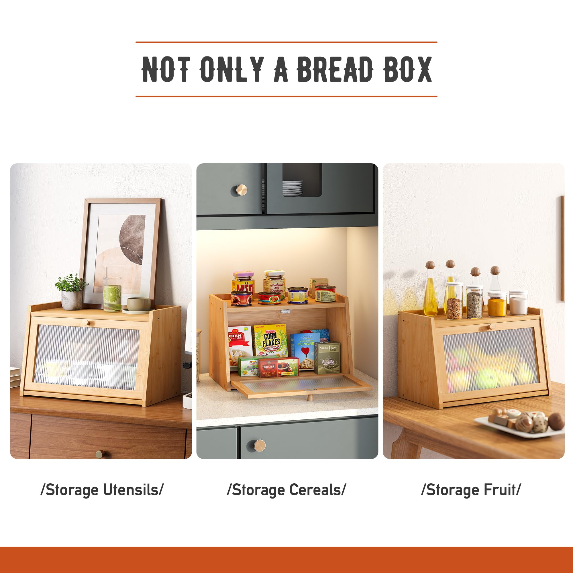 GHWIE Large Bread Box, Easy Access & Cleaning - Bamboo Bread Box for Kitchen Countertop with Acrylic Door,Natural