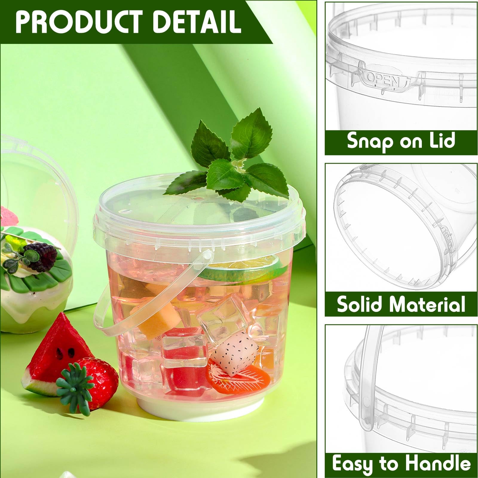 Mifoci 50 Pcs Food Clear Bucket Plastic Gallon Bucket Round Reusable Ice Cream Containers with Lids and Handles Airtight Clear Plastic Tub Freezer Reusable Pail for Kitchen Drinks Home (24oz)