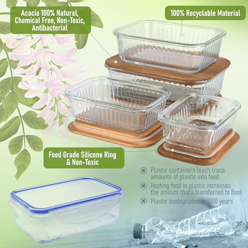 dokaworld Set of 4 Stackable Space-Saving Nesting Glass Bowls with Airtight Acacia Lids for Lunch, Meal & Food Prep - Microwave & Oven-ready BPA Free Durable Heat Resistant Inert Borosilicate Glass