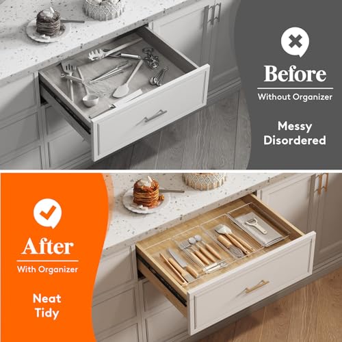 Lifewit Silverware Drawer Organizer, 5.75" x 11.65" Clear Utensil Tray for Kitchen Drawer, Stackable Plastic Flatware and Cutlery Storage Box Divider for Spoons Forks Knives Tools, 4 Pack