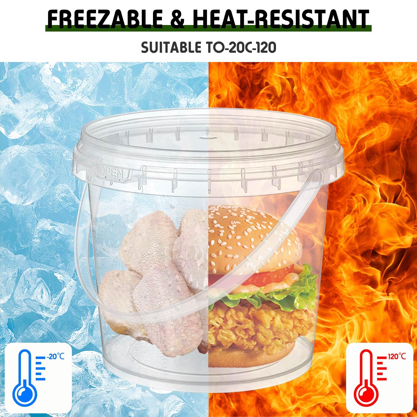 Mifoci 50 Pcs Food Clear Bucket Plastic Gallon Bucket Round Reusable Ice Cream Containers with Lids and Handles Airtight Clear Plastic Tub Freezer Reusable Pail for Kitchen Drinks Home (24oz)