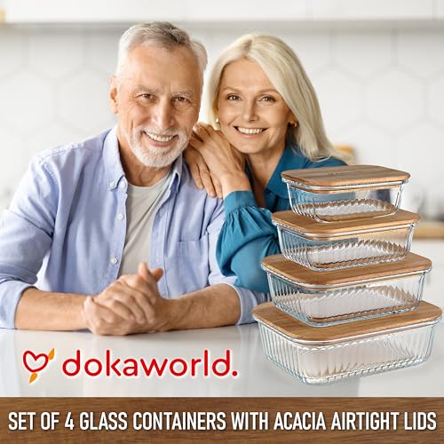dokaworld Set of 4 Stackable Space-Saving Nesting Glass Bowls with Airtight Acacia Lids for Lunch, Meal & Food Prep - Microwave & Oven-ready BPA Free Durable Heat Resistant Inert Borosilicate Glass