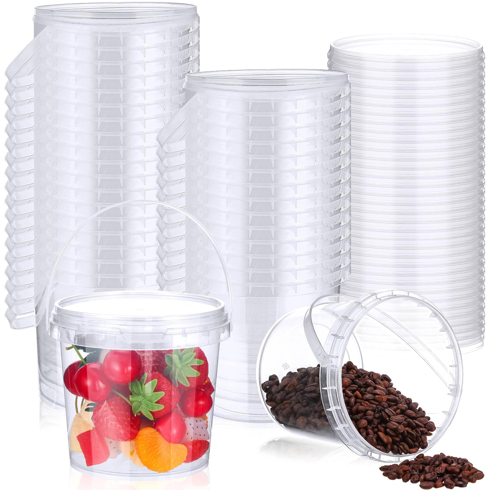 Mifoci 50 Pcs Food Clear Bucket Plastic Gallon Bucket Round Reusable Ice Cream Containers with Lids and Handles Airtight Clear Plastic Tub Freezer Reusable Pail for Kitchen Drinks Home (24oz)