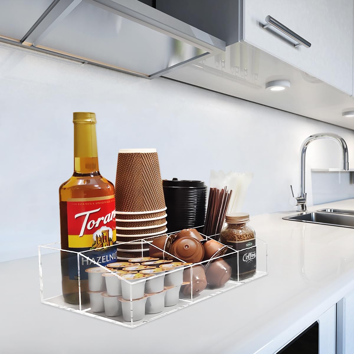KAIDELI Acrylic Coffee Bar Station Organizer for Countertop, Office, Home Coffee K Cup Holder Holds Paper Cups, Condiments, Coffee Pods, Syrups, Creamer, Multi-Purpose Coffee Bar Accessories Organizer