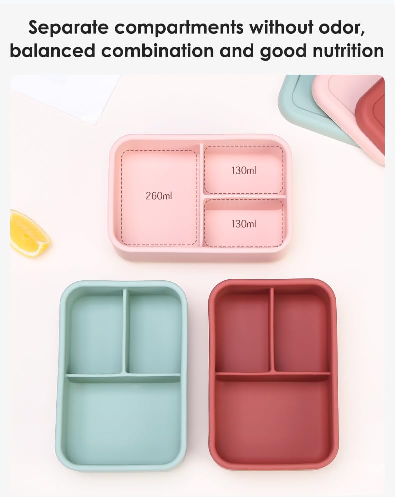Silicone Bento Lunch Box - Leakproof, Microwave Safe, and Eco-Friendly - Available in Moody Blue, Dark Pink, and Purplish Red. (Purplish Red)